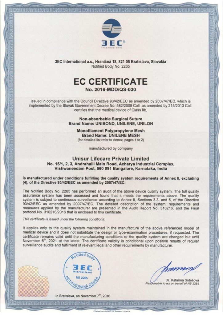 Certificates - Universal Sutures