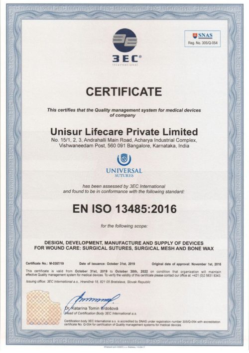 Company Certification - Universal Sutures